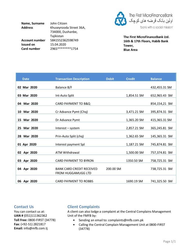Tajikistan The First MicroFinance (FMFB) Bank Proof Of Address ...