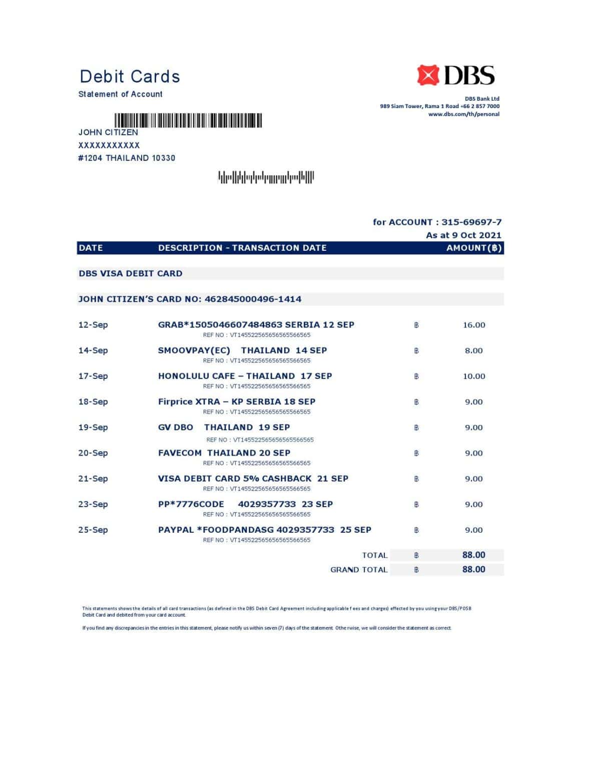 Thailand DBS Bank Statement Easy To Fill Template In .xls And .pdf File ...