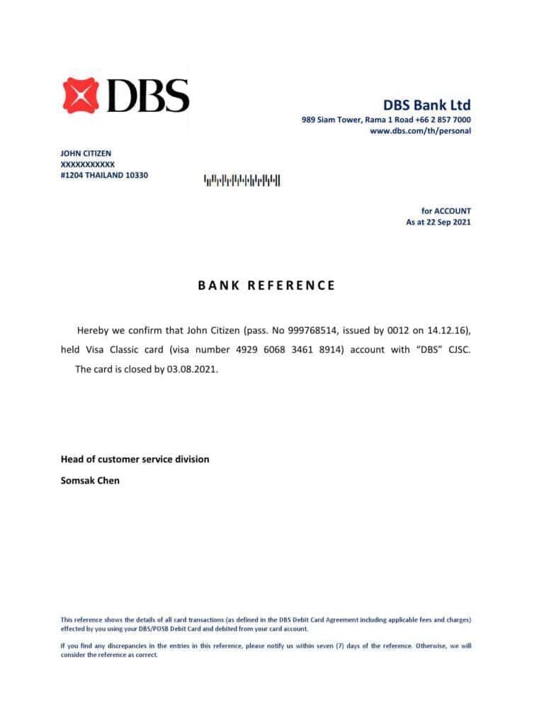 Download Thailand DBS Bank Reference Letter Templates | Editable Word