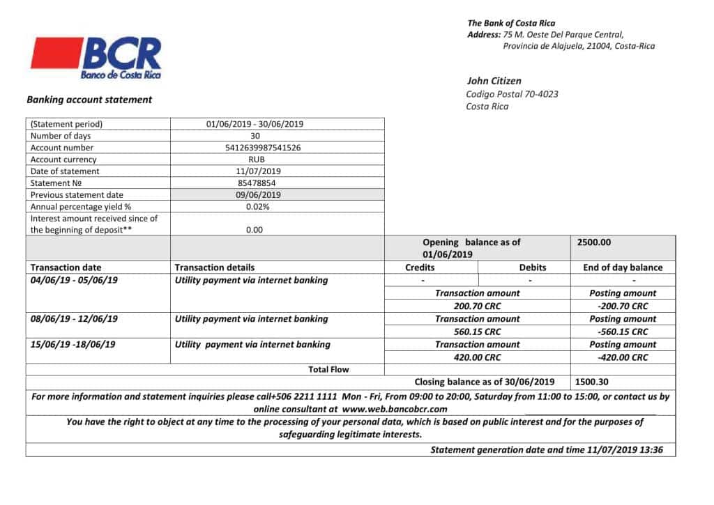 Costa Rica The Bank Of Costa Rica Bank Statement Template In Word And ...