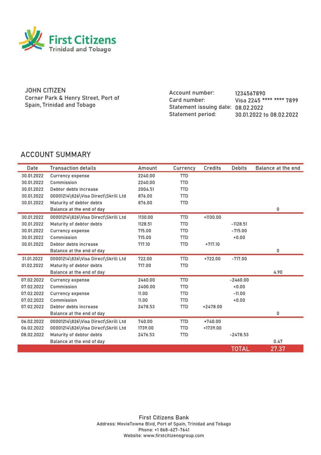 Trinidad And Tobago First Citizens Bank Statement Template In Word And ...