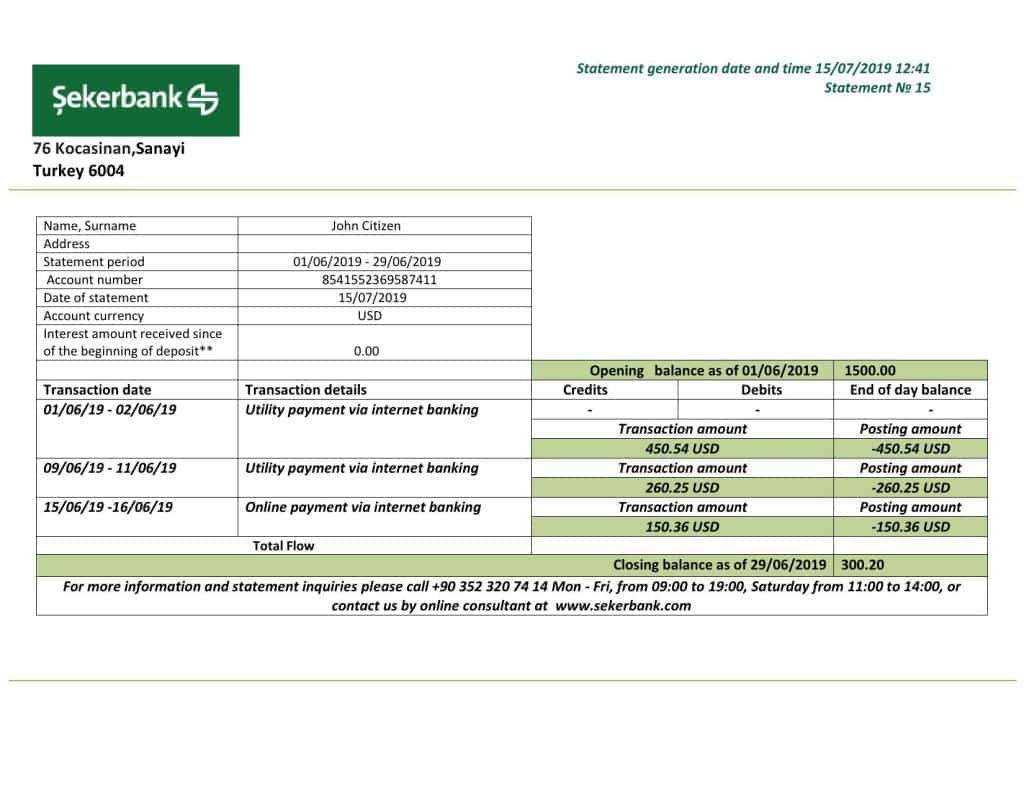 Turkey Sekerbank Bank Statement Template In .doc And .pdf Format, Fully ...