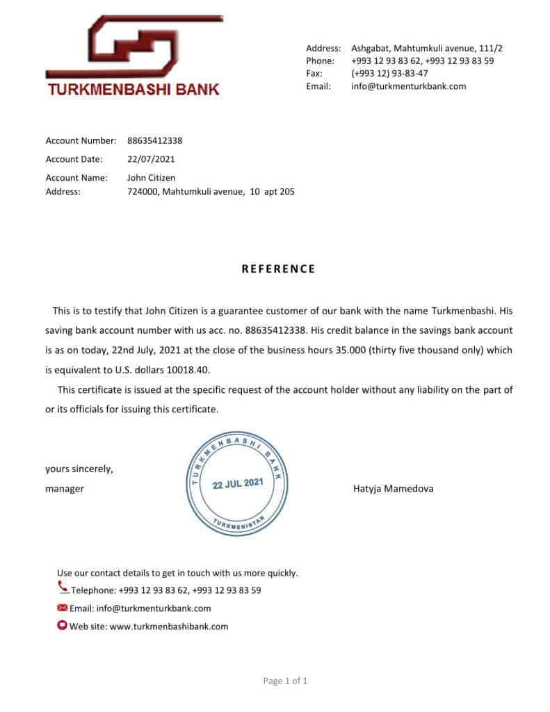 Download Turkmenistan Turkmenbashi Bank Reference Letter Templates ...