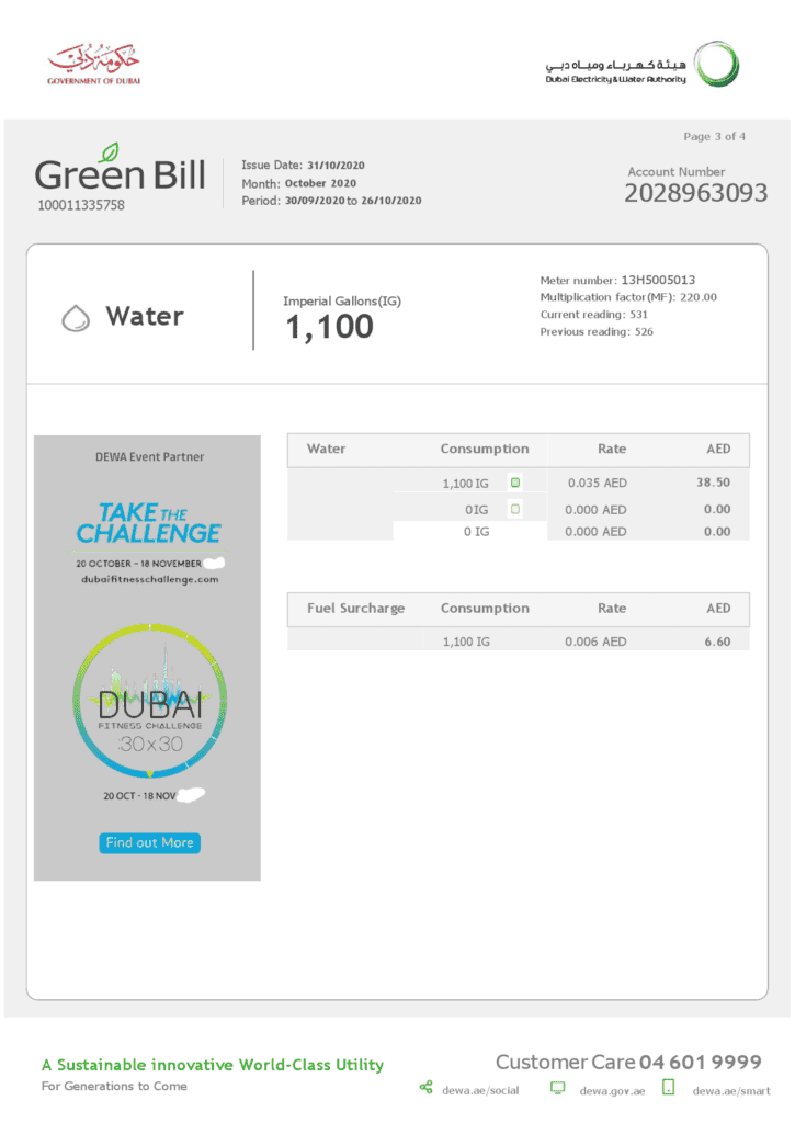 United Arab Emirates Dubai Electricity & Water Authority Utility Bill ...