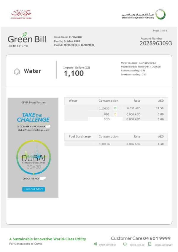 UAE Dubai Electricity & Water Authority Utility Bill Template In Word ...