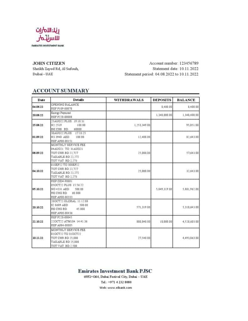 UAE Emirates Investment Bank Statement, Excel And PDF Template