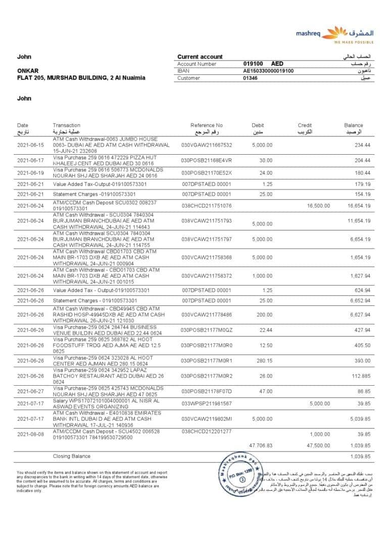 UAE Mashreq Bank Statement Template In Word And PDF Format, 3 Pages