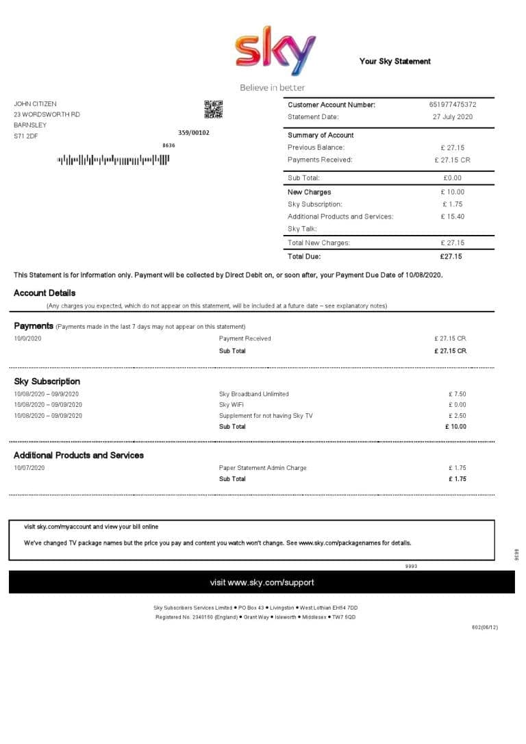 United Kingdom Sky Utility Bill Statement Template In Word And PDF Format