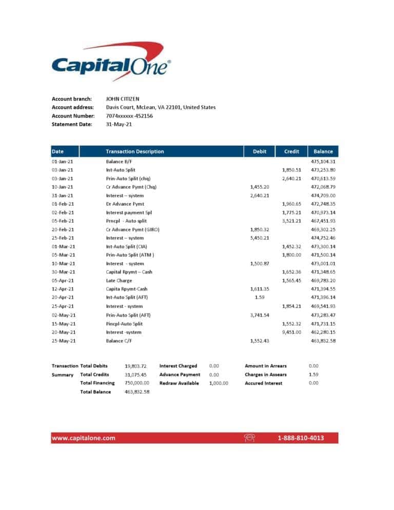 USA Capital One Bank Statement Easy To Fill Template In Excel And PDF ...