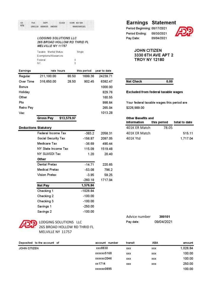 USA ADP Business Corporate Earnings Statement Template In .xls And .pdf File Format | Mr. Verify