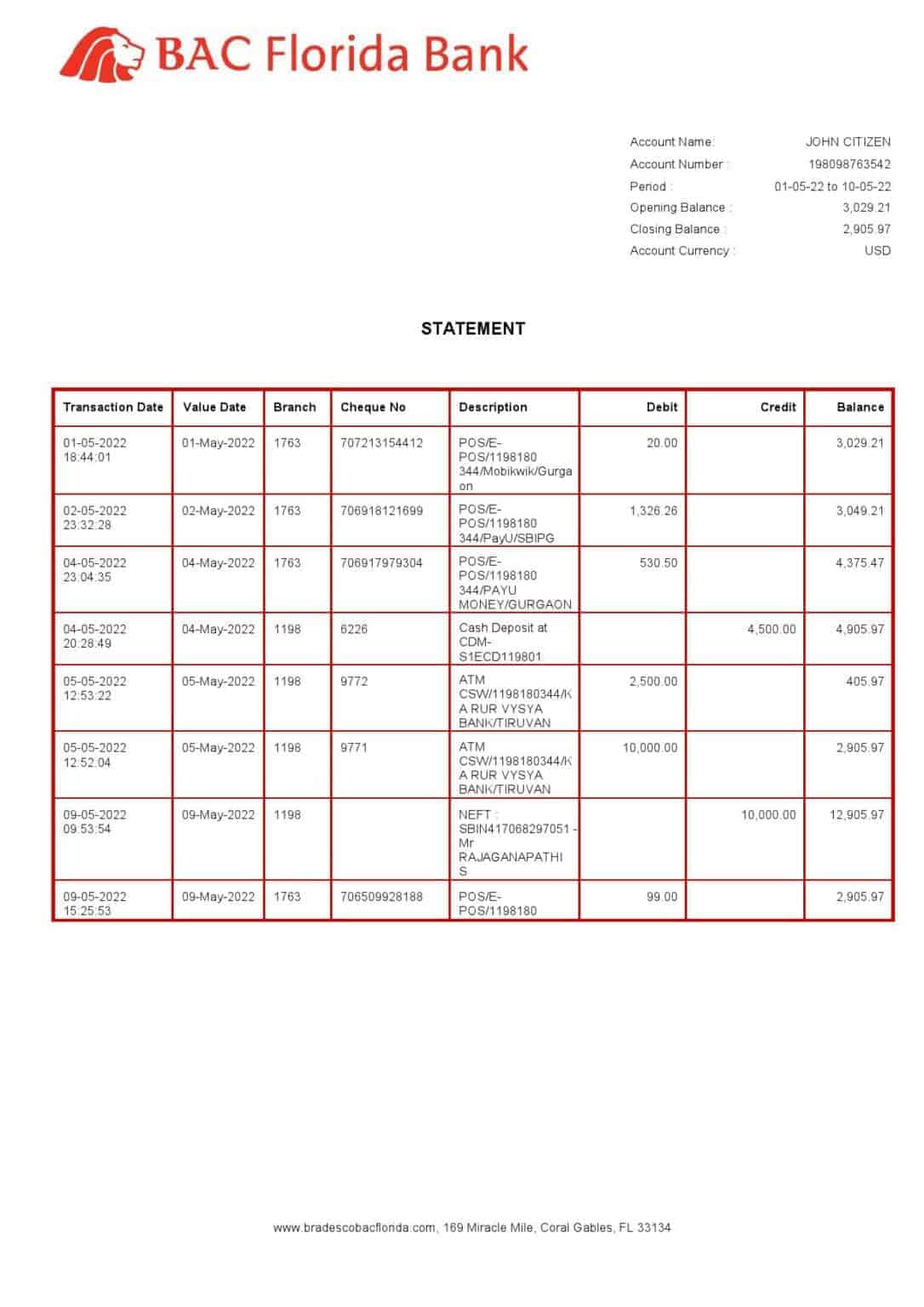 USA BAC Florida Bank Statement Word And PDF Template