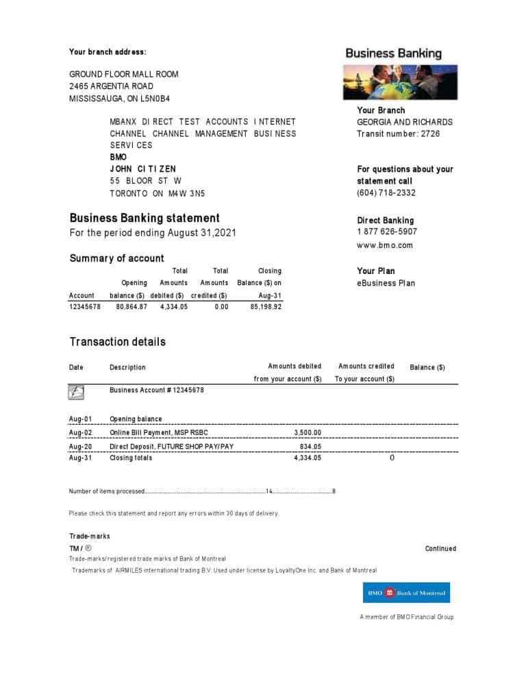 USA BMO Bank Of Montreal Bank Proof Of Address Statement Template In ...