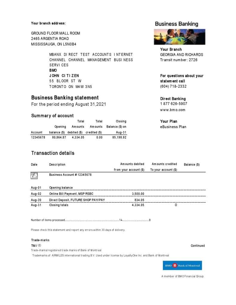 USA BMO Bank Of Montreal Bank Proof Of Address Statement Template In ...