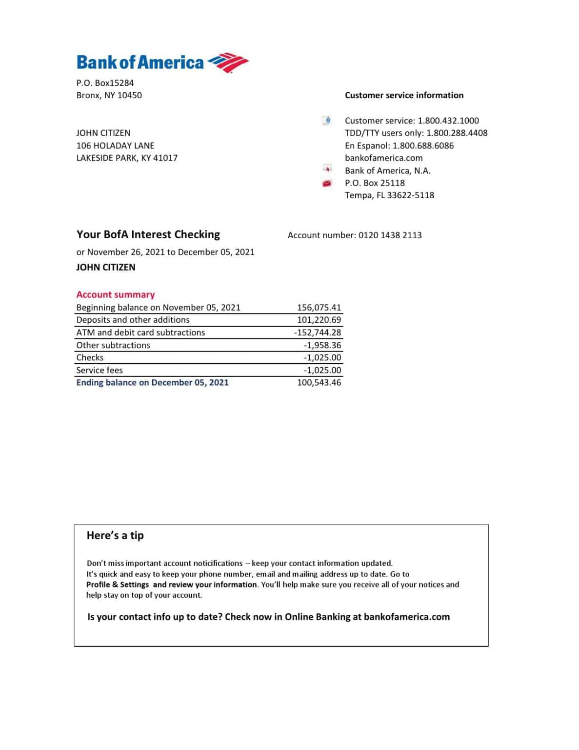 USA Bank Of America Bank Reference Letter Template
