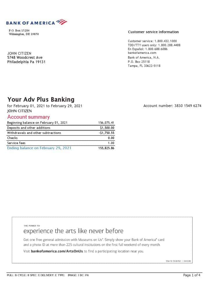 USA Bank Of America Bank Statement Template In Excel And PDF Format (4 Pages), Version 3