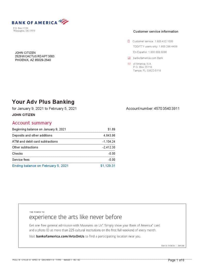 USA Bank Of America Bank Statement Template In Word And PDF Format, 6 Pages, Version 2 | Mr. Verify