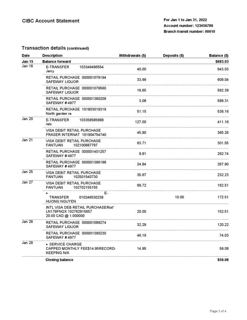 USA CIBC Bank Statement, Word And PDF Template, 4 Pages