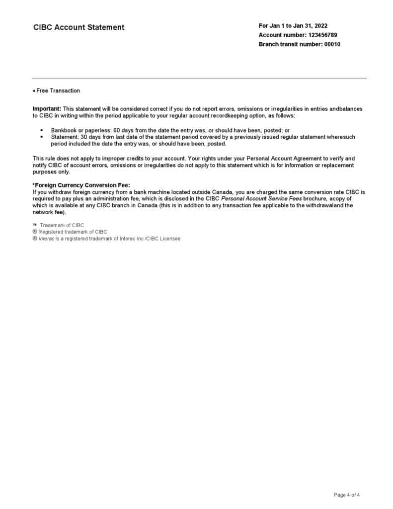 USA CIBC Bank Statement, Word And PDF Template, 4 Pages | Mr. Verify
