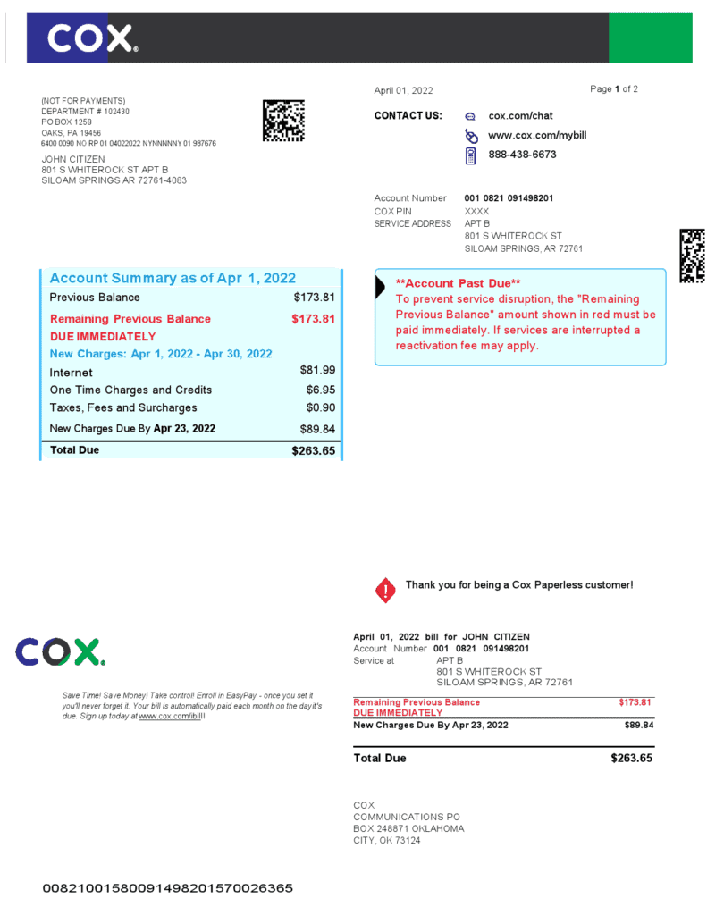 USA COX Digital Cable Television Utility Bill, Word And PDF Template, 2 ...
