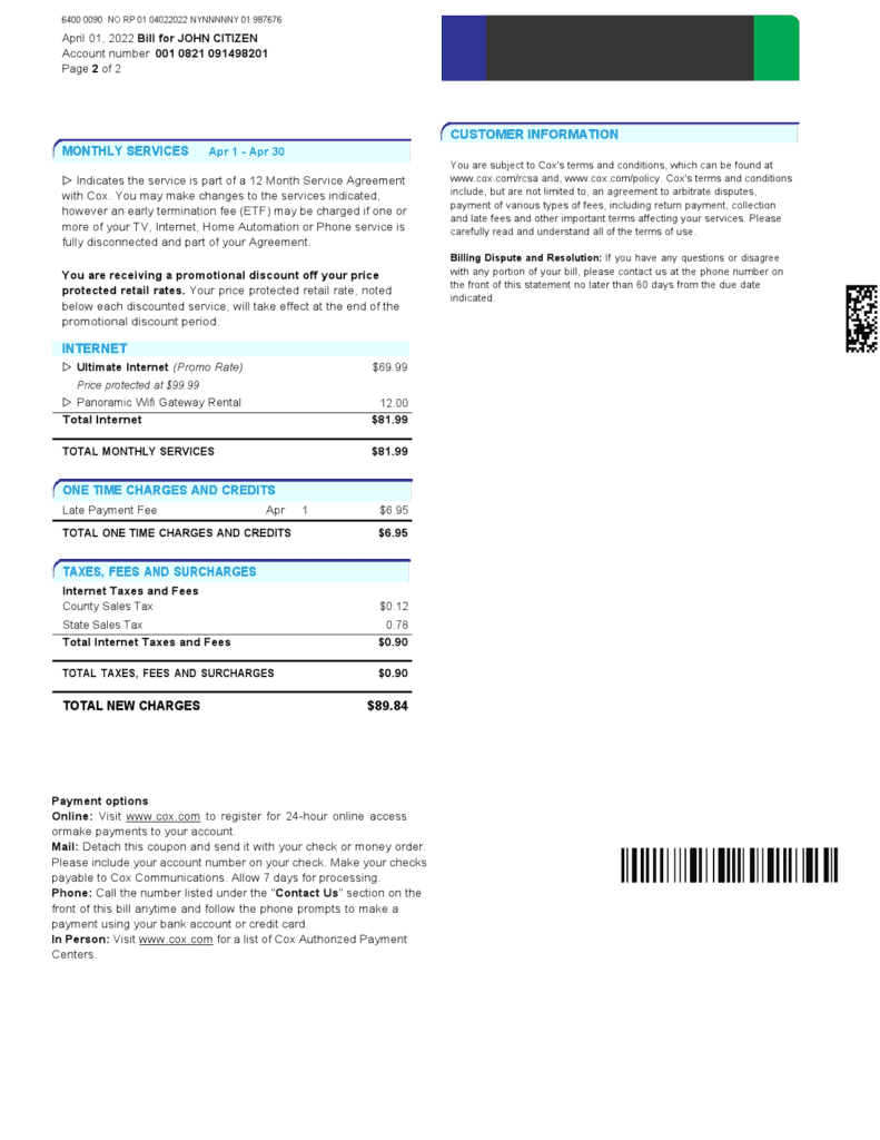 USA COX Digital Cable Television Utility Bill, Word And PDF Template, 2 ...
