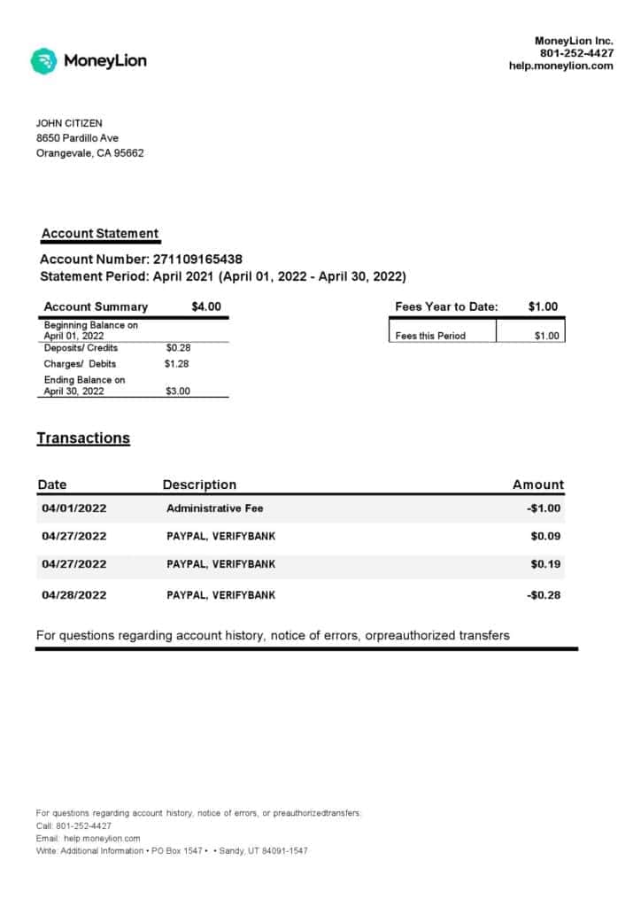 USA California MoneyLion Bank Statement, Word And PDF Template