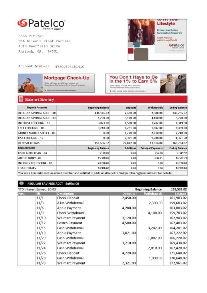 USA California Patelco Credit Union Bank Statement Template In Excel ...