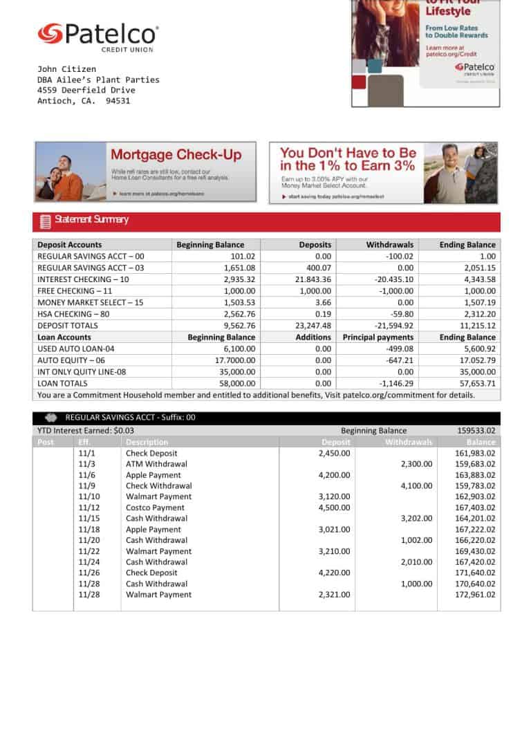 USA California Patelco Credit Union Bank Statement Template In Word And ...