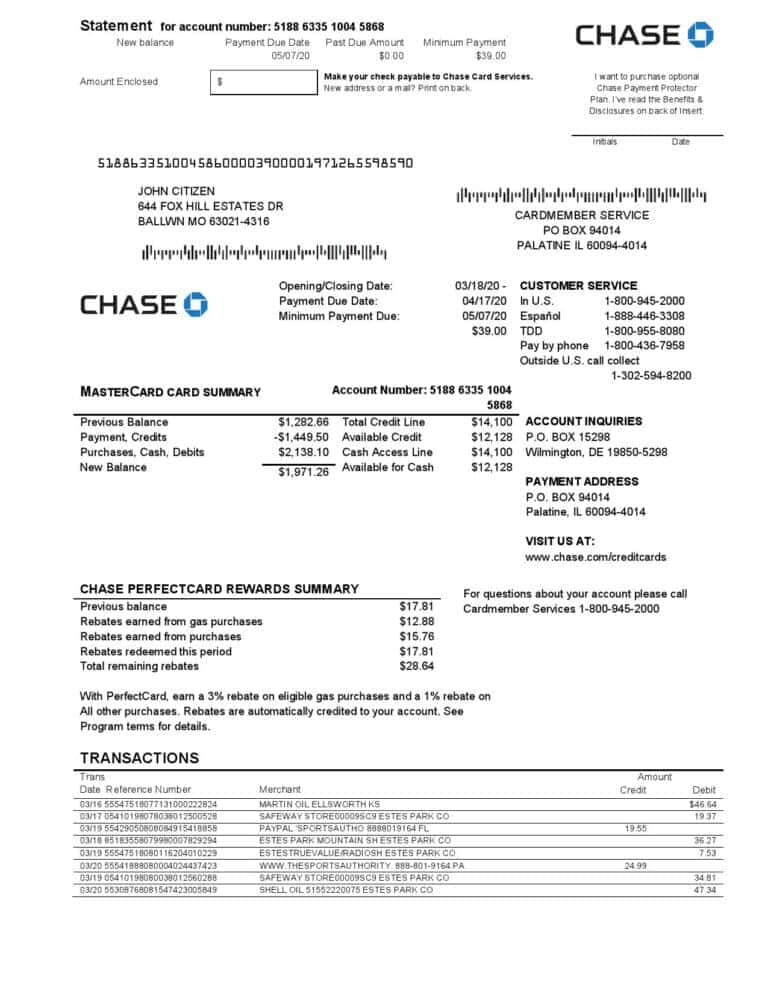 USA Chase Bank Mastercard Card Statement Easy To Fill Template In Word ...