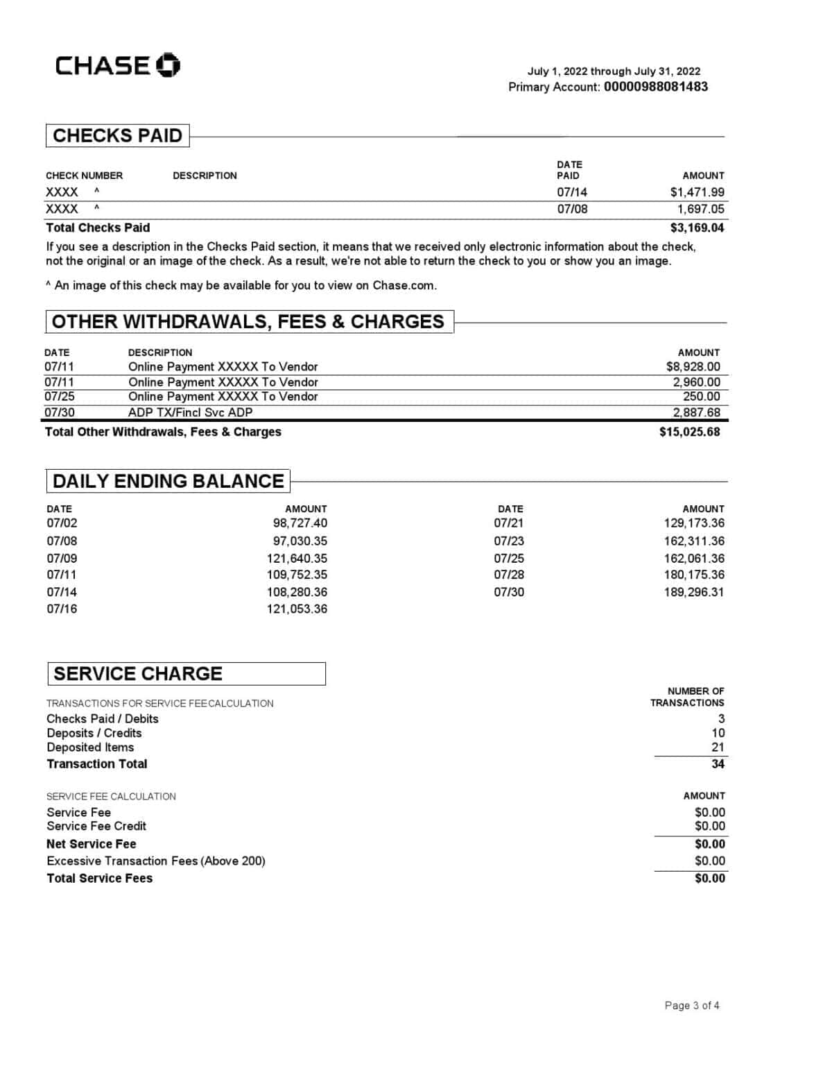 USA Chase Bank Statement Word And PDF Template, 4 Pages