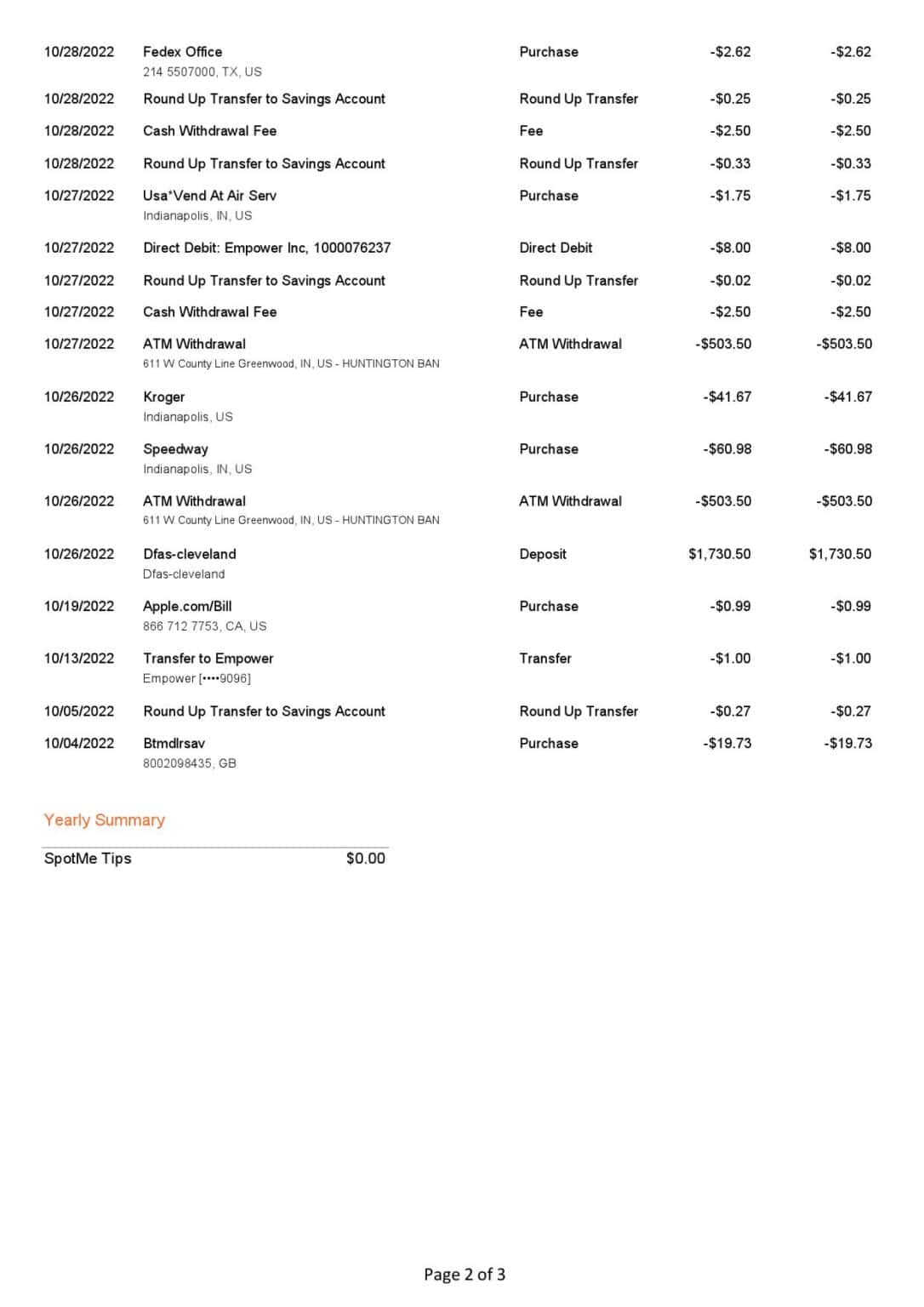 USA Chime Bank Statement, Word And PDF Template, 3 Pages