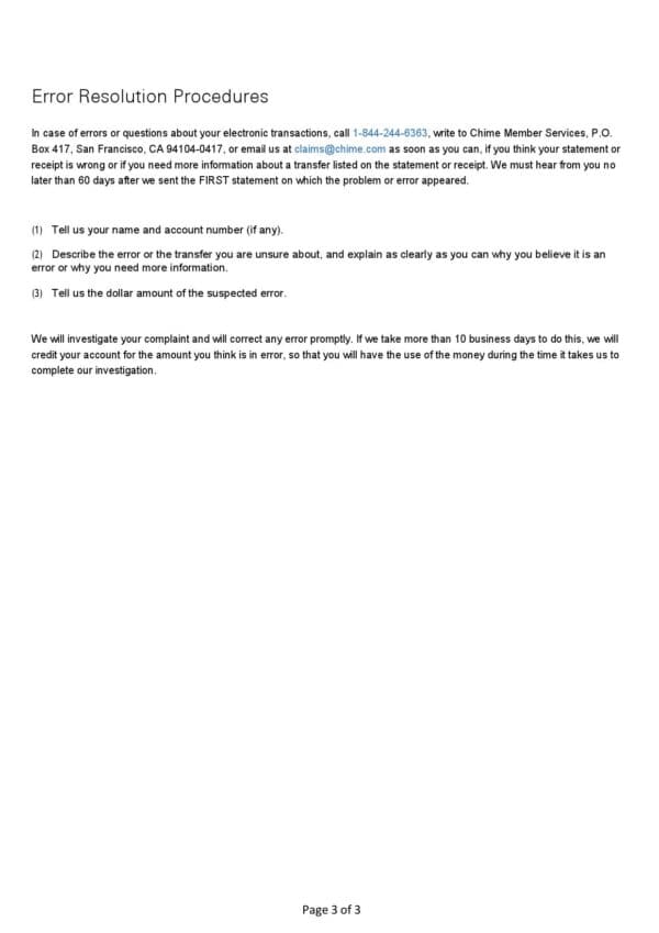 USA Chime Bank Statement, Word And PDF Template, 3 Pages