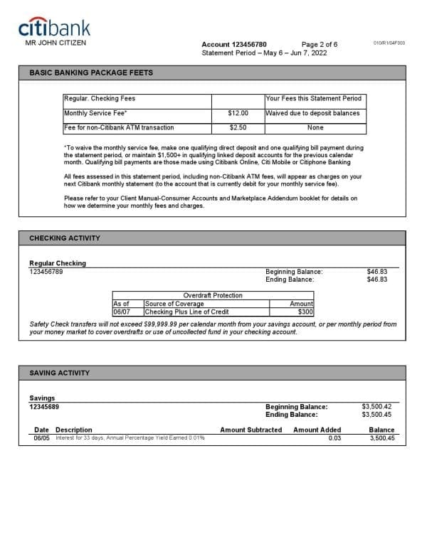 USA Citibank Bank Statement, Word And PDF Template, 6 Pages