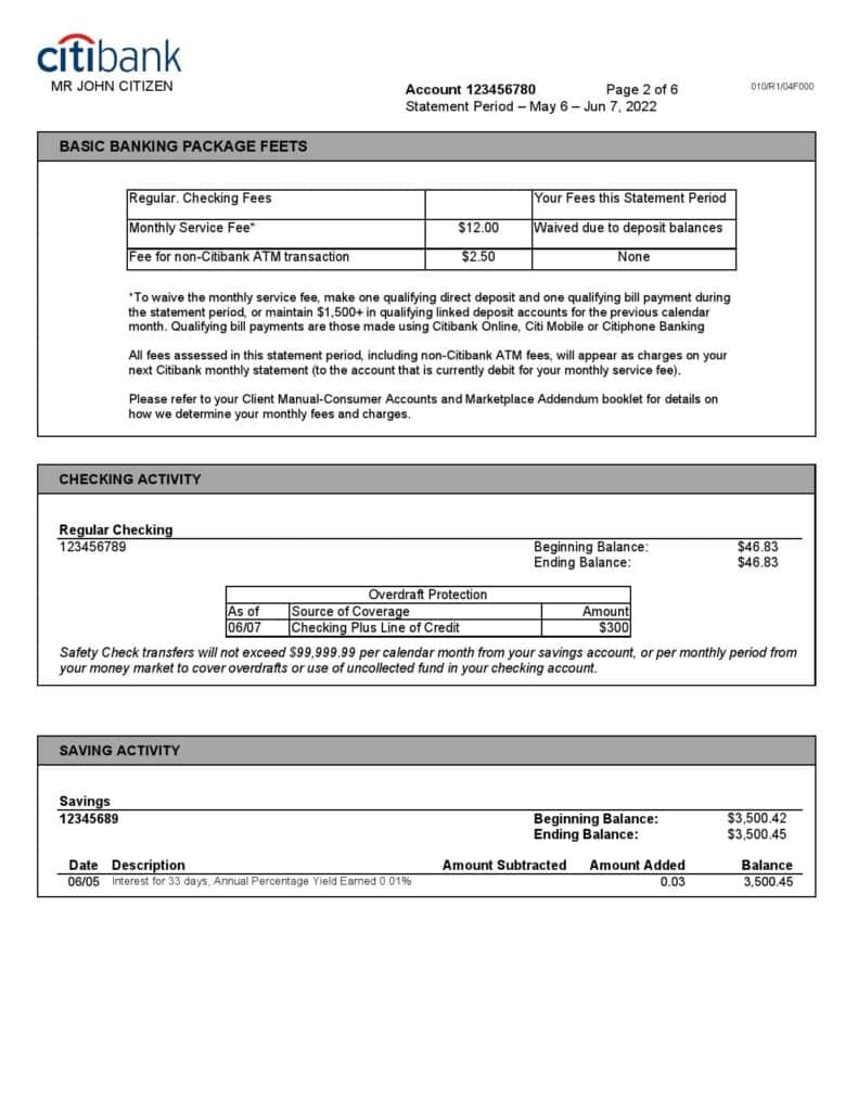 USA Citibank Bank Statement, Word And PDF Template, 6 Pages