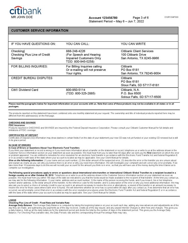 USA Citibank Bank Statement, Word And PDF Template, 6 Pages