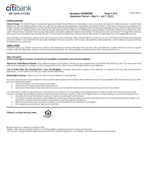 USA Citibank Bank Statement, Word And PDF Template, 6 Pages