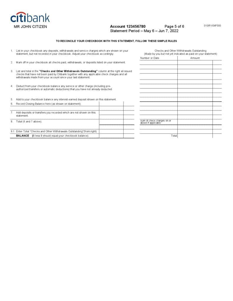 USA Citibank Bank Statement, Word And PDF Template, 6 Pages