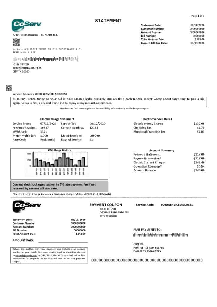 USA Texas CoServ Utility Bill Template In Word And PDF Format