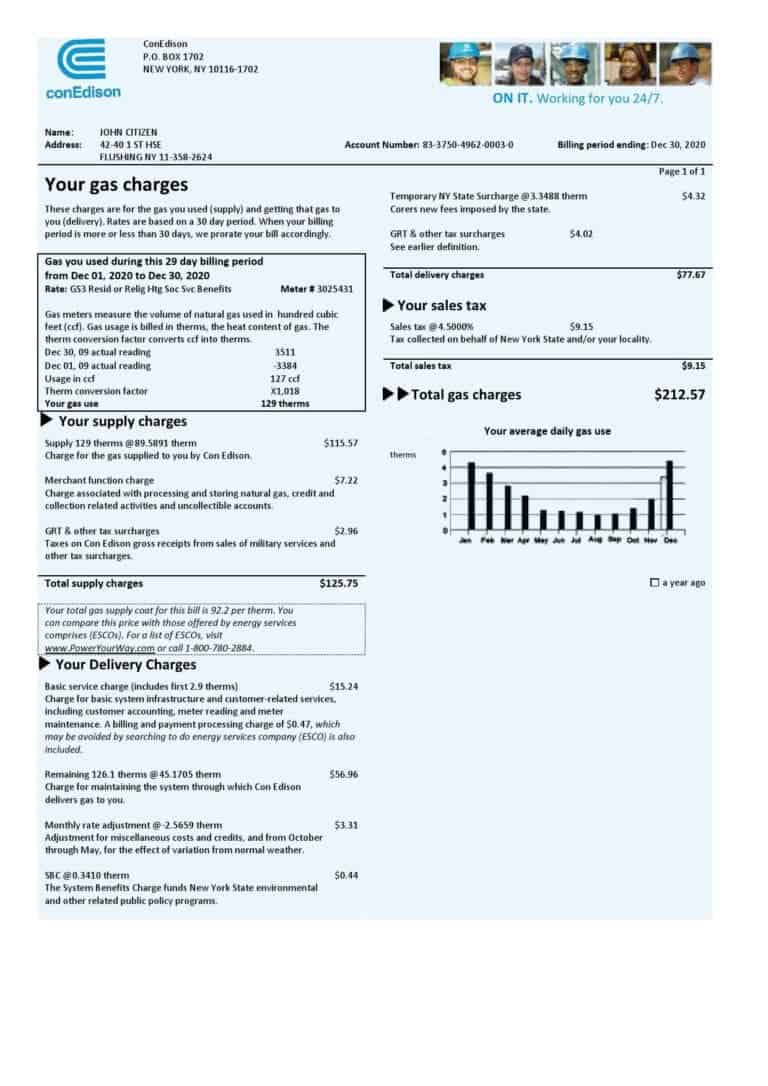 USA Con Edison Gas Utility Bill Template In Word And PDF Format