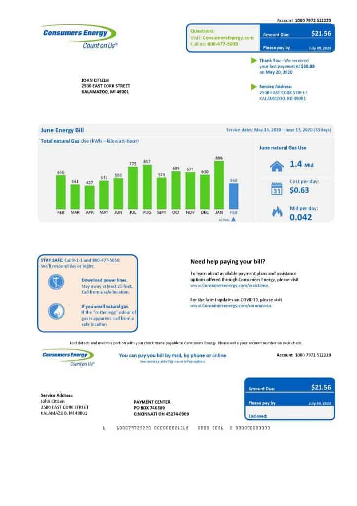 USA Michigan Consumers Energy Utility Bill Template In Word And PDF Format