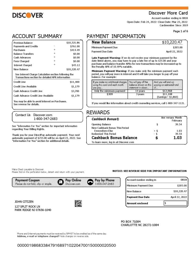 USA Discover Credit Card Statement Template
