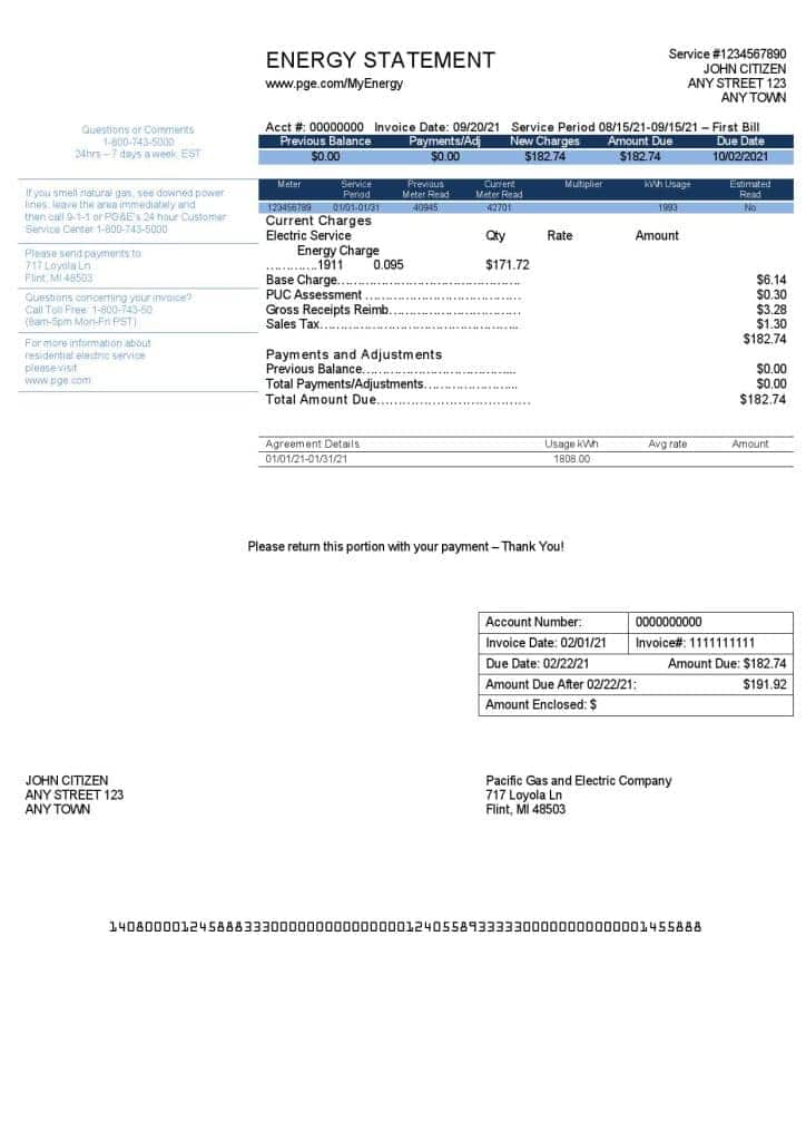 USA California PG&E (Pacific Gas And Electric Company) Utility Bill ...