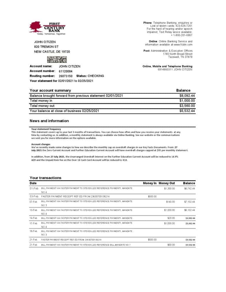 USA First Century Bank Statement Easy To Fill Template In Excel And PDF ...