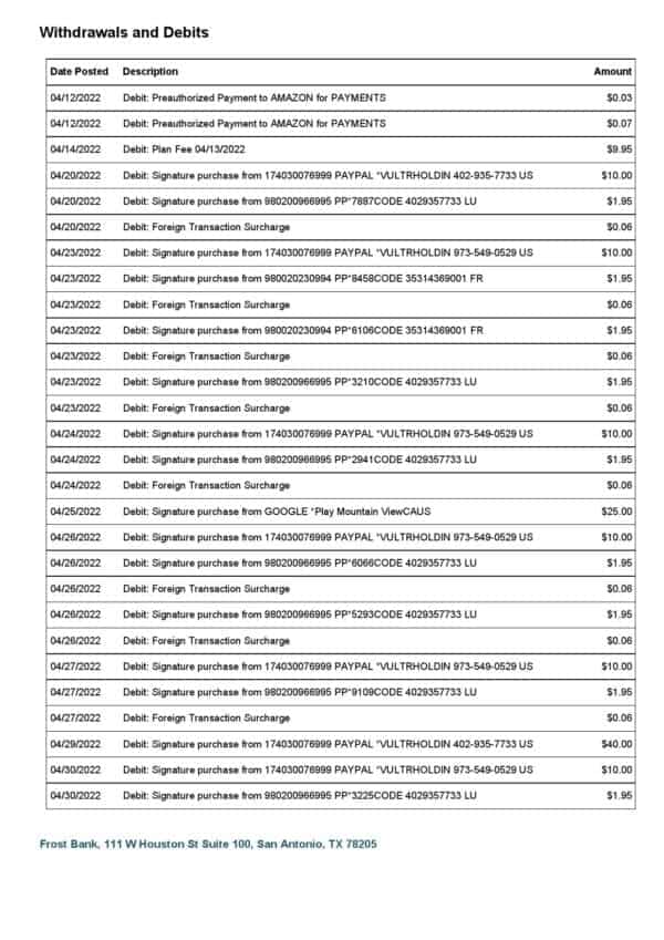 USA Frost Bank Statement, Word And PDF Template, 2 Pages