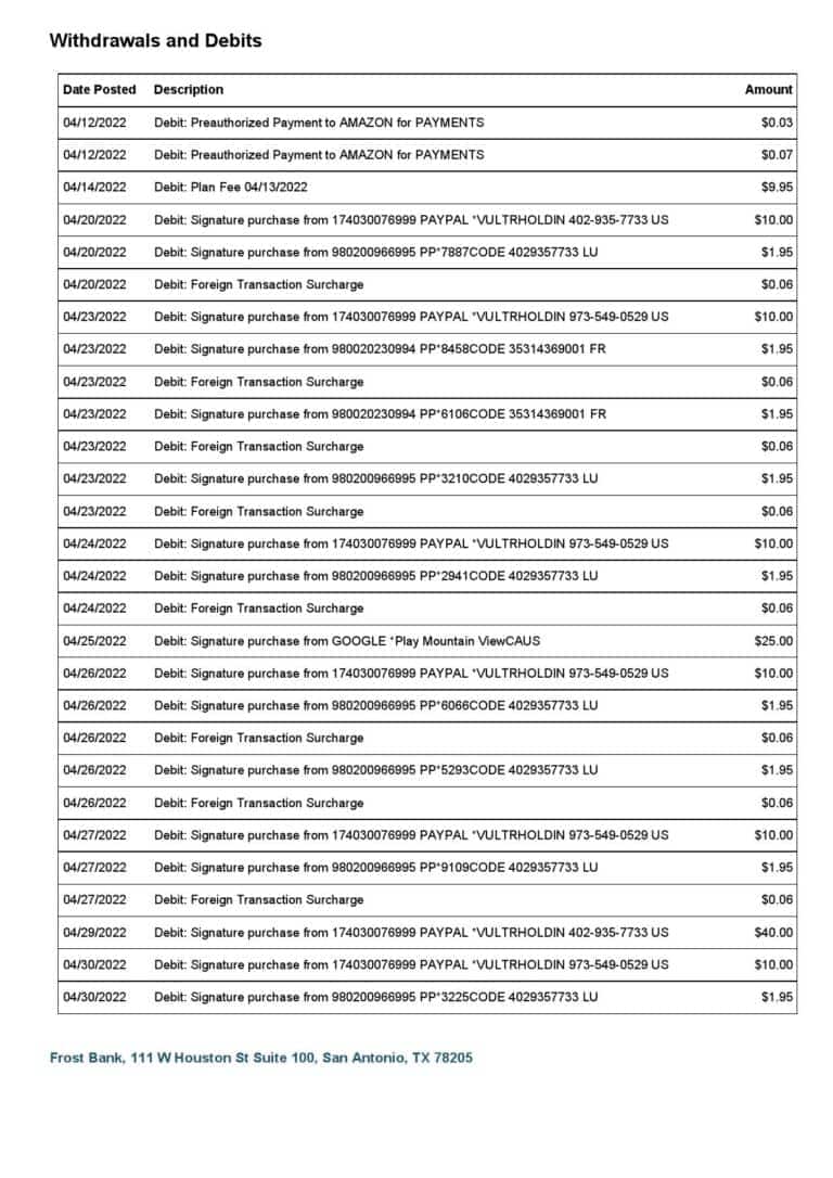 USA Frost Bank Statement, Word And PDF Template, 2 Pages
