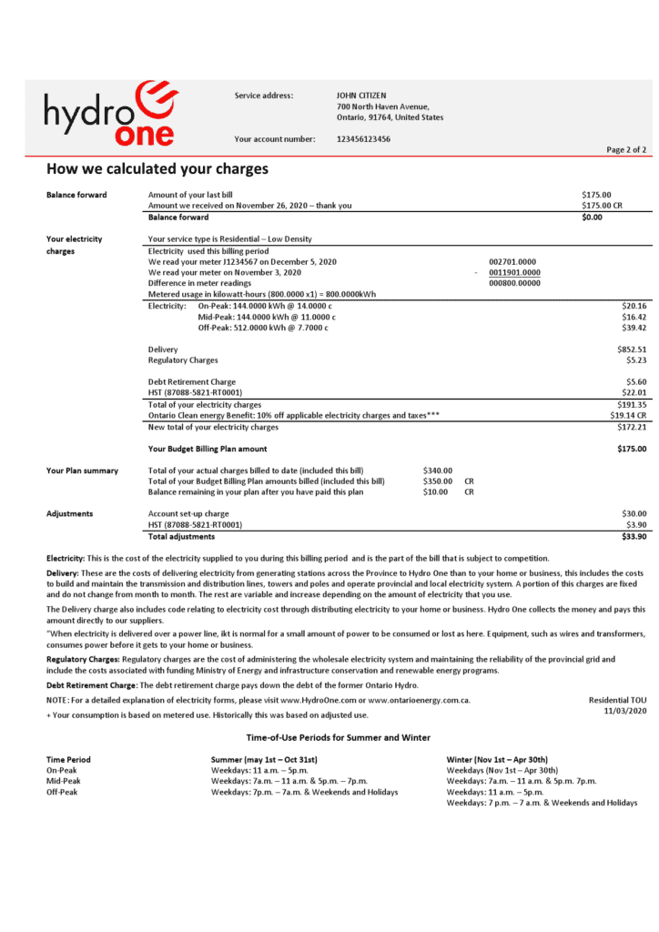 USA Ontario’s Hydro One Electricity Utility Bill Template In Word And ...