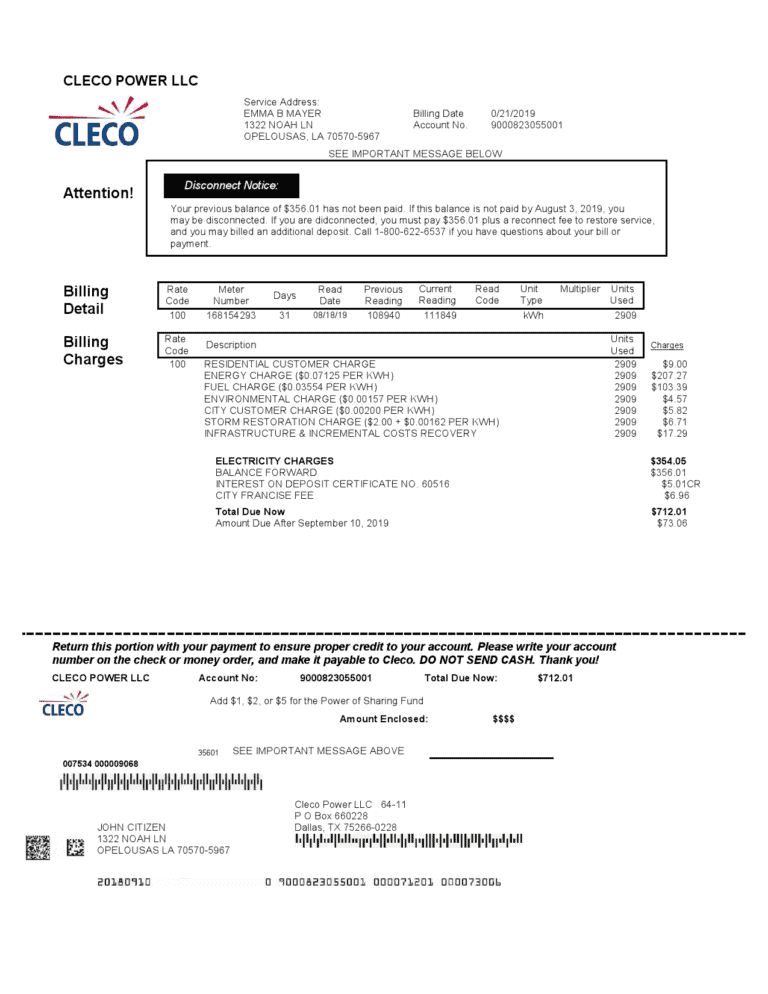 USA Louisiana Cleco Power Electricity Utility Bill Template In Word And ...