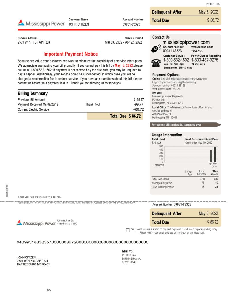 USA Mississippi Power Utility Bill, Word And PDF Template, 2 Pages