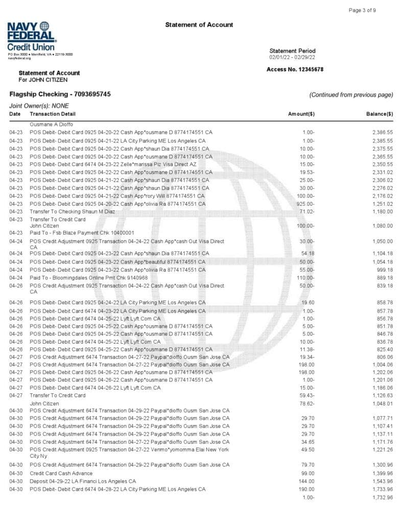 USA Navy Federal Bank Statement, Word And PDF Template, 9 Pages