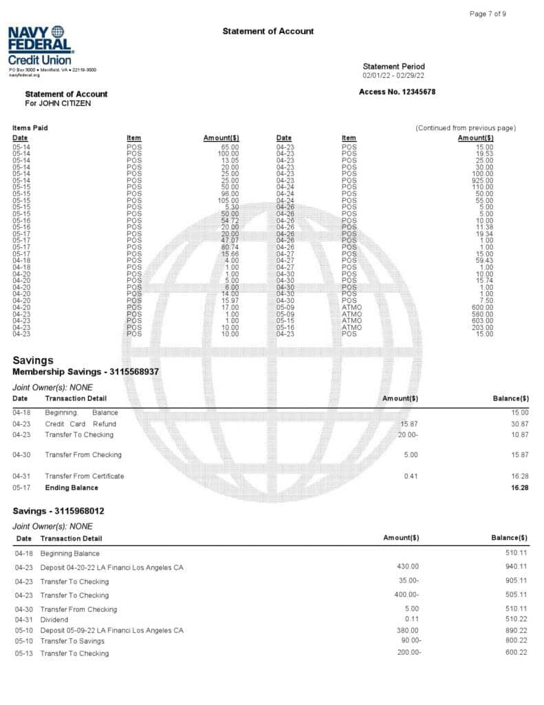 USA Navy Federal Bank Statement, Word And PDF Template, 9 Pages