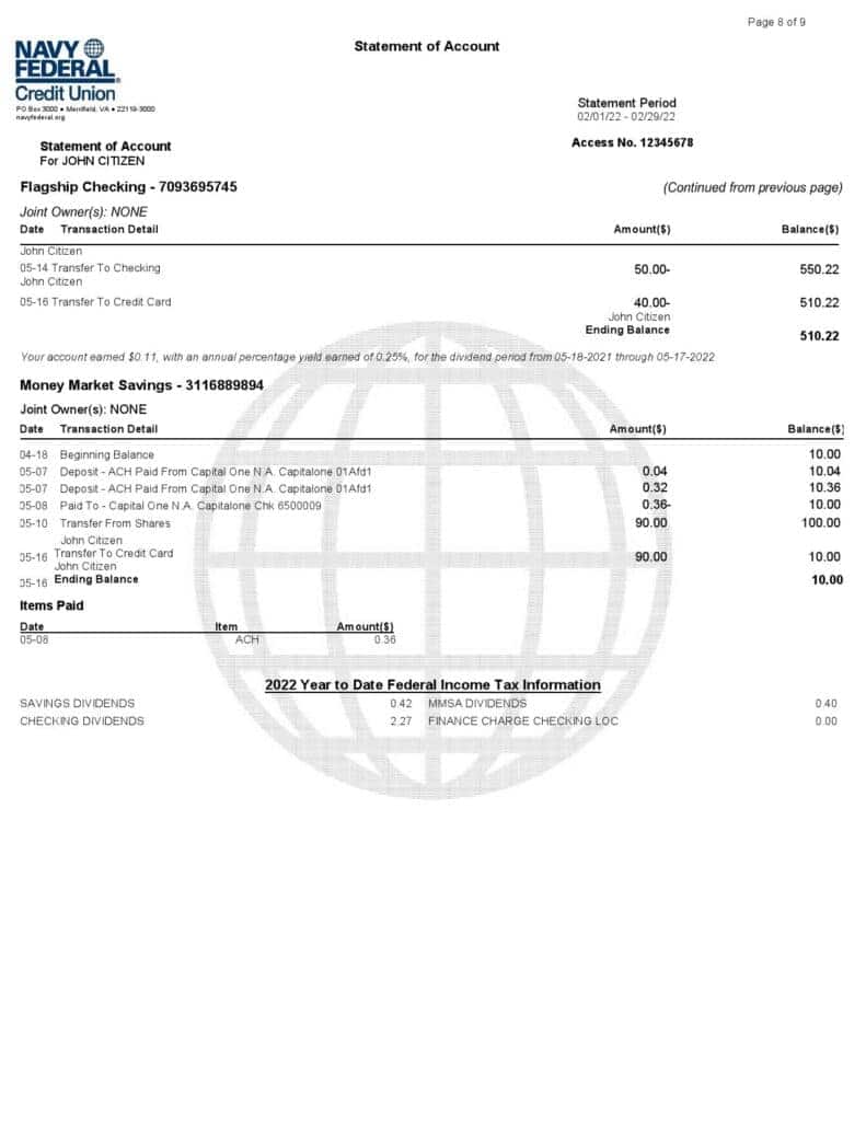 USA Navy Federal Bank Statement, Word And PDF Template, 9 Pages